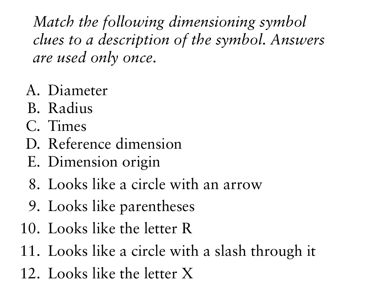 Solved Match the following dimensioning symbol clues to a | Chegg.com