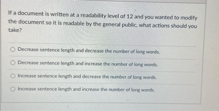 Solved If a document is written at a readability level of 12 | Chegg.com