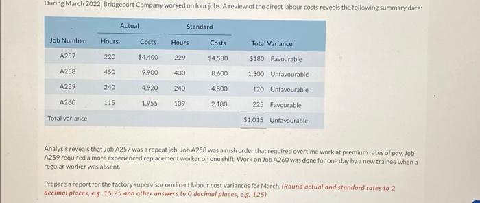 Analysis reveals that Job A257 was a repeat job. Job | Chegg.com