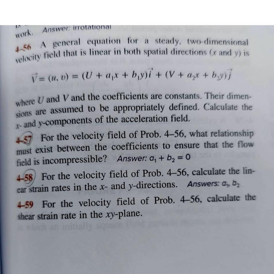 Solved 4-57 ﻿ For the velocity field of Prob. 4-56, ﻿what | Chegg.com