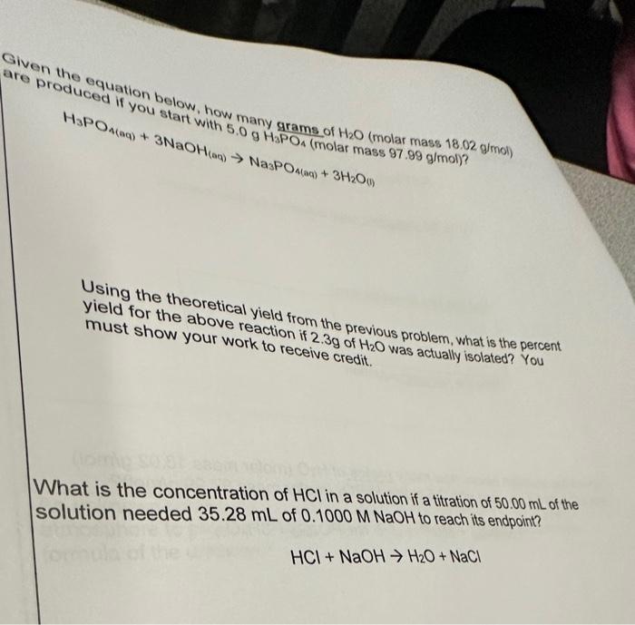 Solved Produ equation below, how many grams of H2O (molar | Chegg.com