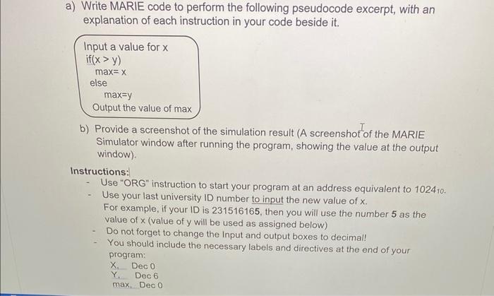 Solved a) Write MARIE code to perform the following | Chegg.com