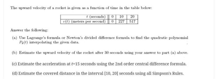 Solved The upward velocity of a rocket is given as a | Chegg.com