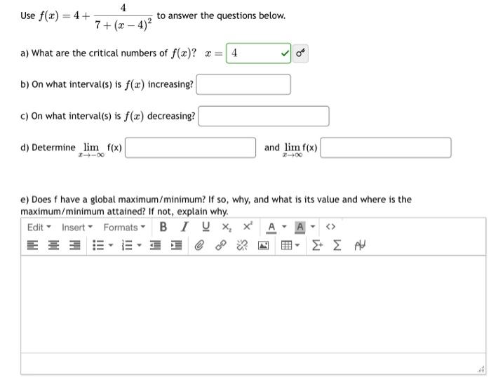 Solved Use f(x)=4+7+(x−4)24 to answer the questions below. | Chegg.com