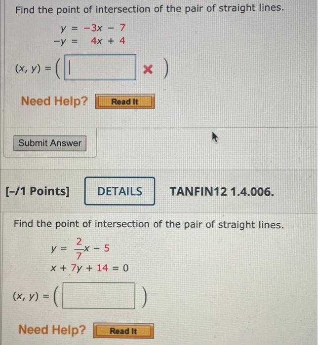 Solved Find the point of intersection of the pair of | Chegg.com