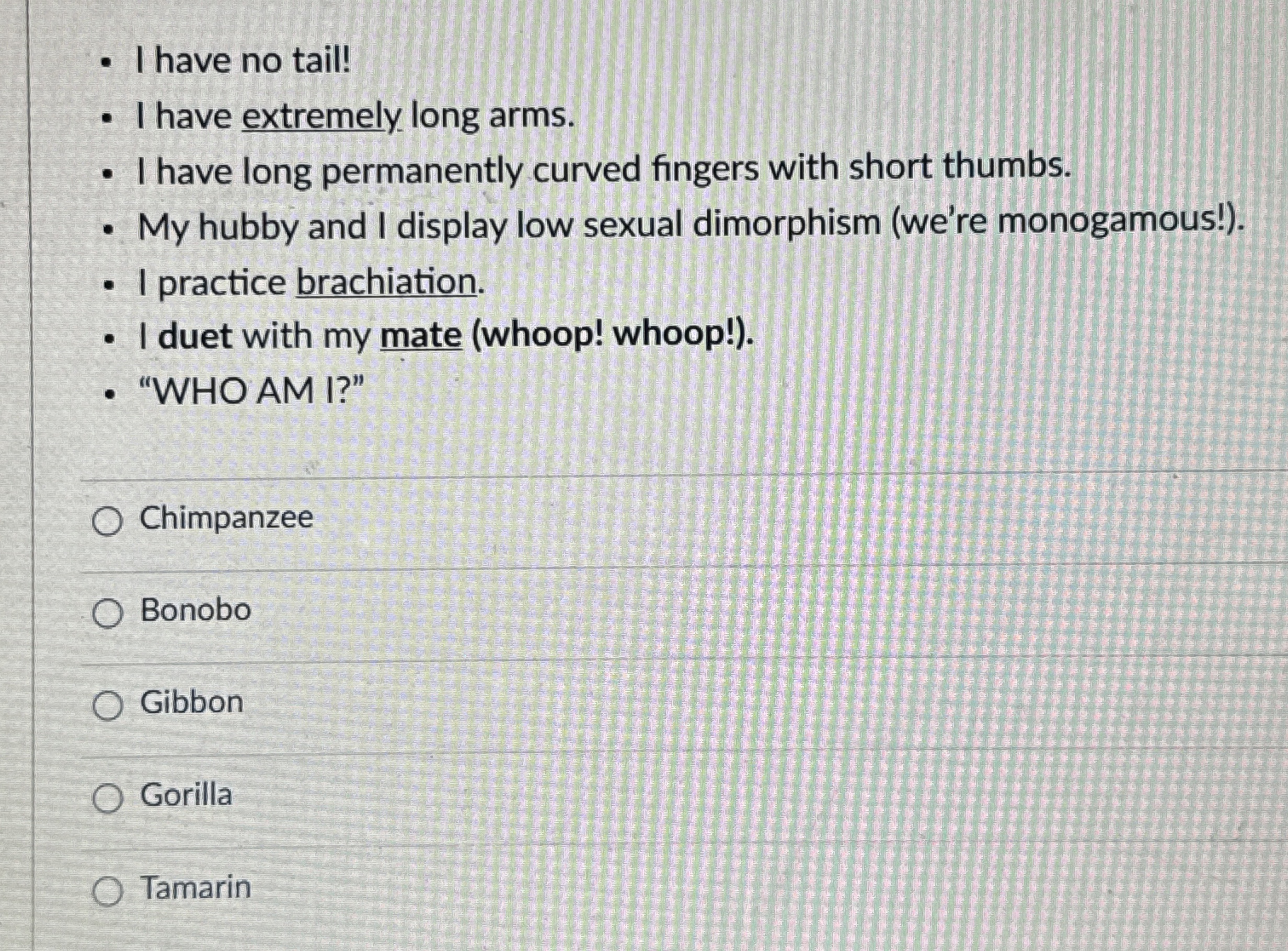 Solved I have no tail!I have extremely long arms.I have long | Chegg.com