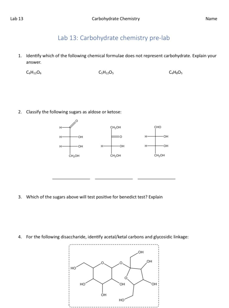 Solved Lab 13Carbohydrate ChemistryNameLab 13: Carbohydrate | Chegg.com