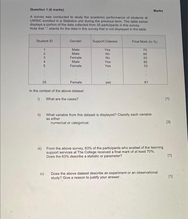 Solved Question 1 ( 6 marks) Marks A survey was conducted to | Chegg.com Solved Question 1 ( 6 marks) Marks A survey was conducted to | Chegg.com