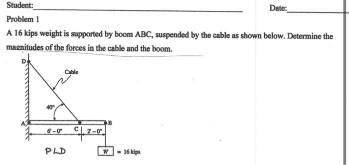 Solved Student: Date: Problem 1 A 16 kips weight is | Chegg.com