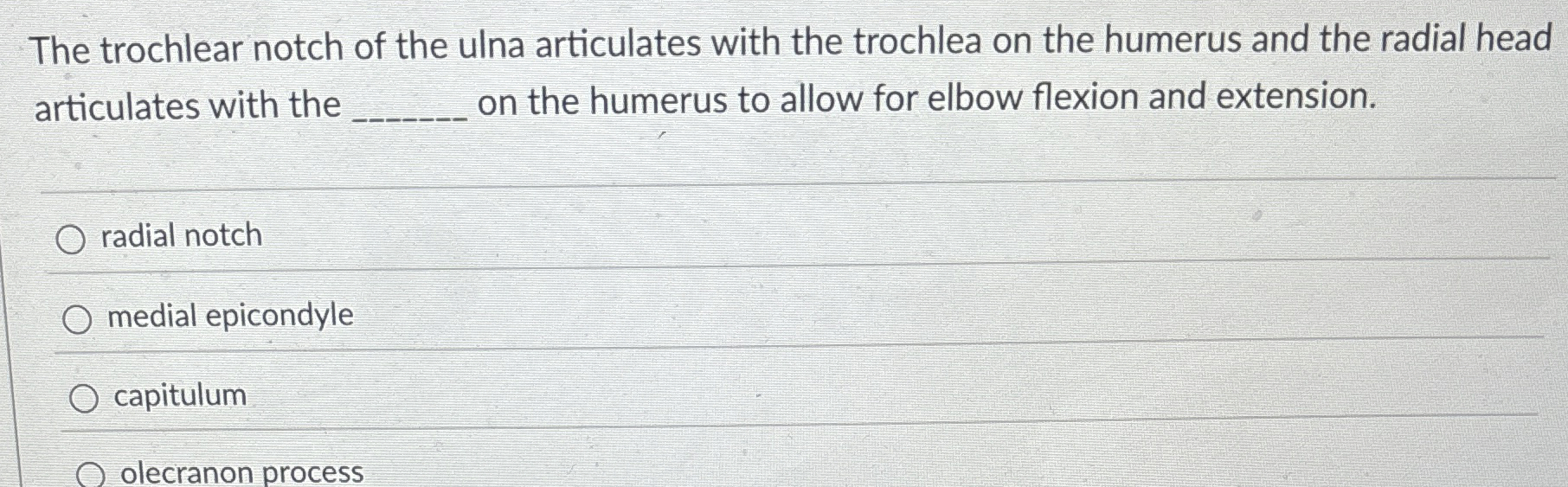 Solved The trochlear notch of the ulna articulates with the | Chegg.com
