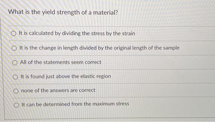 Solved What is the yield strength of a material? O It is | Chegg.com