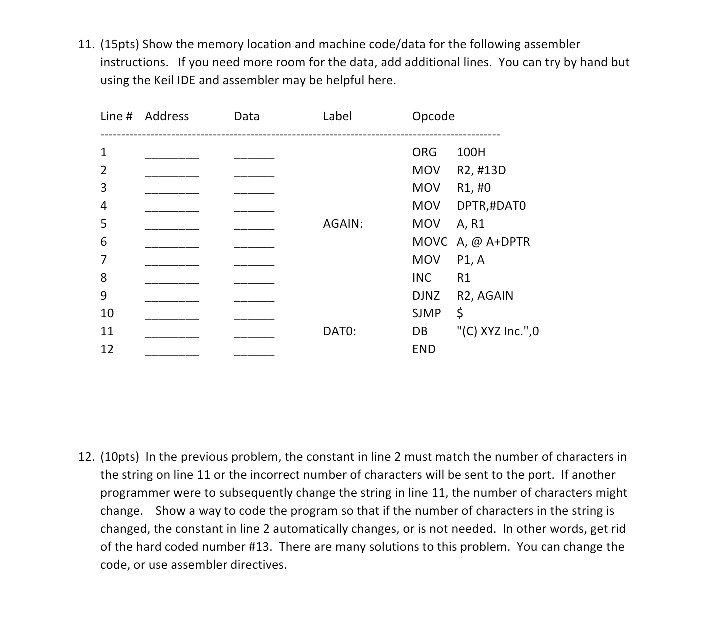 Solved 11. (15pts) Show the memory location and machine | Chegg.com
