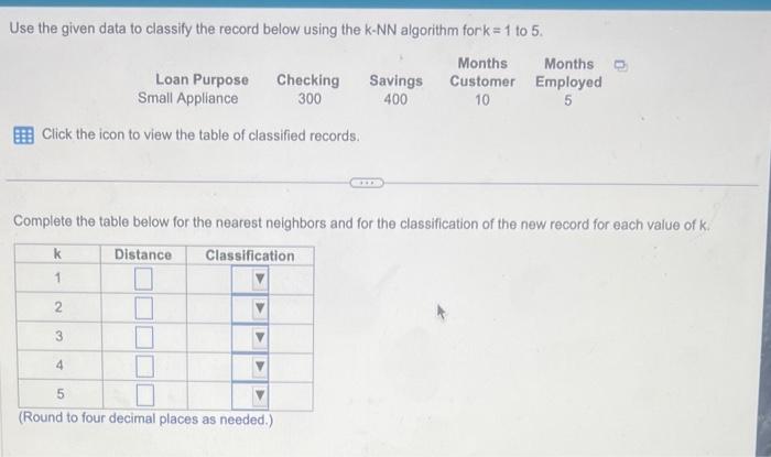 Use the given data to classify the record below using | Chegg.com