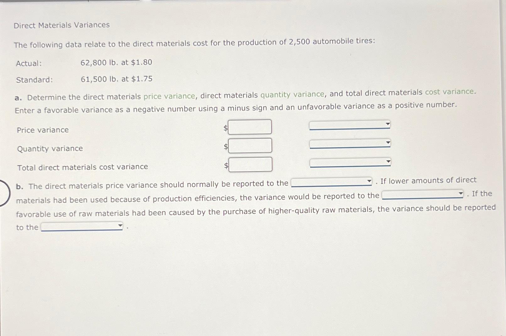 Solved Direct Materials VariancesThe following data relate | Chegg.com