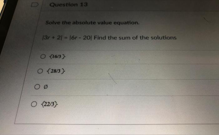 Solved Solve the absolute value equation. ∣3r+2∣=∣6r−20∣ | Chegg.com