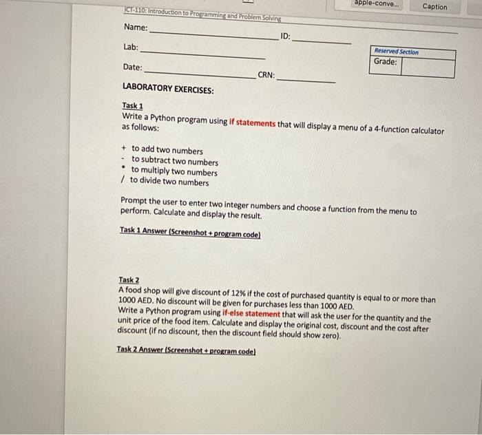 Solved ICT-110: Introduction to Programming and Problem | Chegg.com
