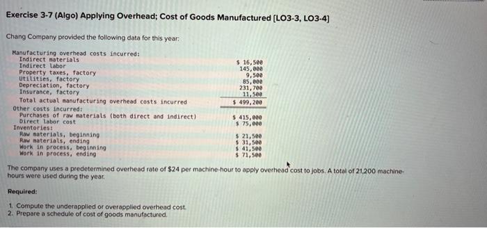 Solved Exercise 3-7 (Algo) Applying Overhead; Cost of Goods | Chegg.com