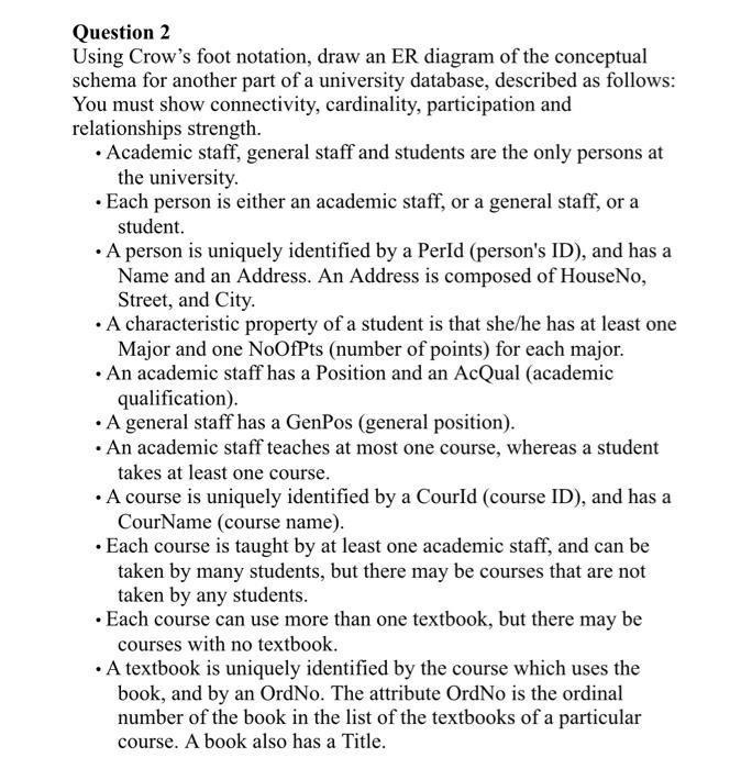 Solved Question 2 Using Crow's foot notation, draw an ER | Chegg.com
