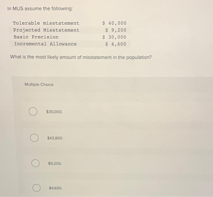 Solved In MUS assume the following: Tolerable misstatement | Chegg.com