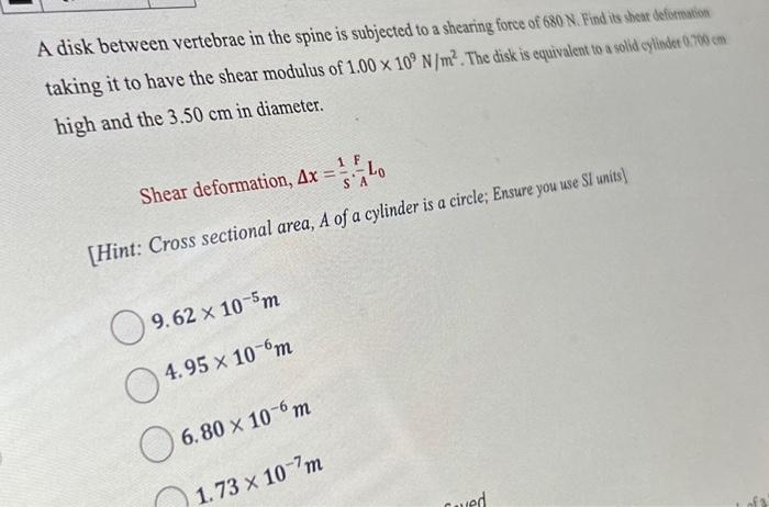 Solved disk between vertebrae in the spine is subjected to a | Chegg.com