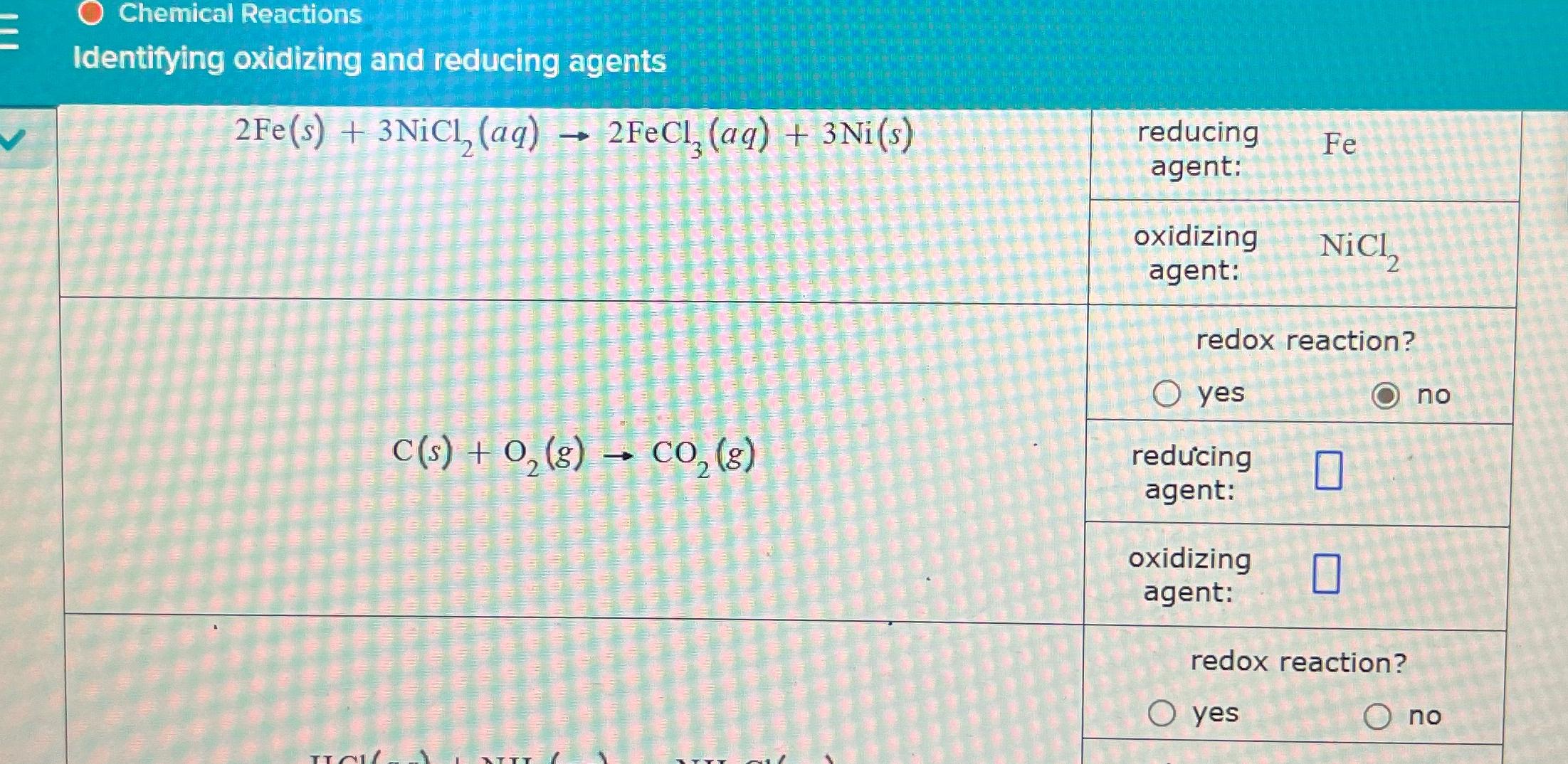 Solved Chemical ReactionsIdentifying oxidizing and reducing | Chegg.com