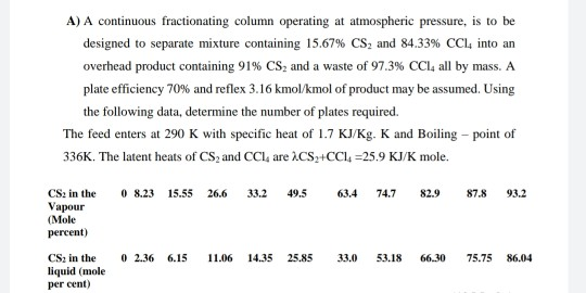 Solved A) A continuous fractionating column operating at | Chegg.com