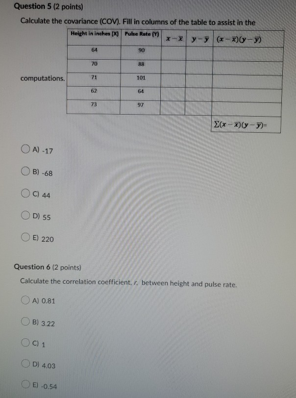 Solved Question 5 (2 points) Calculate the covariance (COV). | Chegg.com