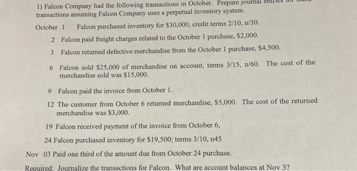 Solved 1) Falcon Company had the following transactions in | Chegg.com