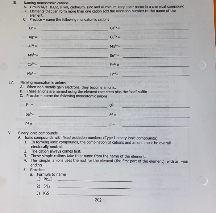 Solved III. Naming monoatomic cations A. Group IA/1. IIA/2, | Chegg.com