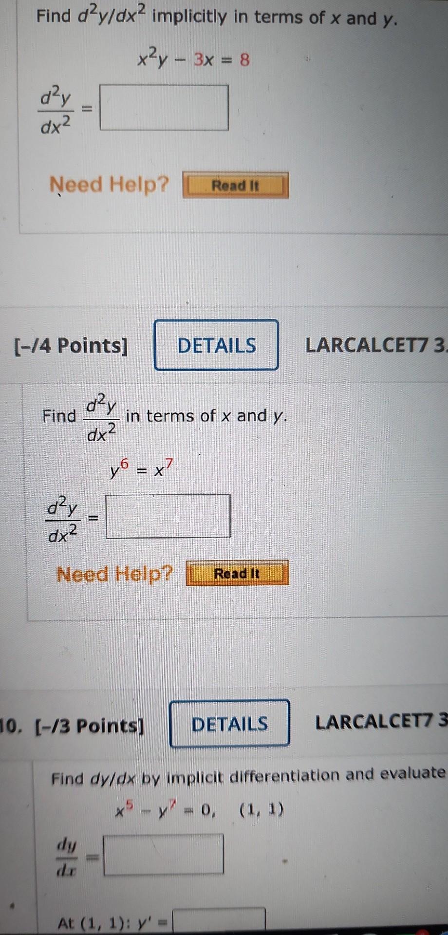 Solved Find d2y/dx2 implicitly in terms of x and y. dx2d2y= | Chegg.com