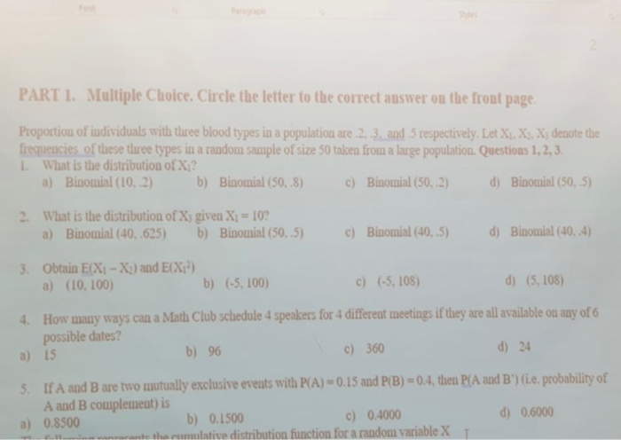 Solved PART I. Multiple Choice. Circle the letter to the | Chegg.com