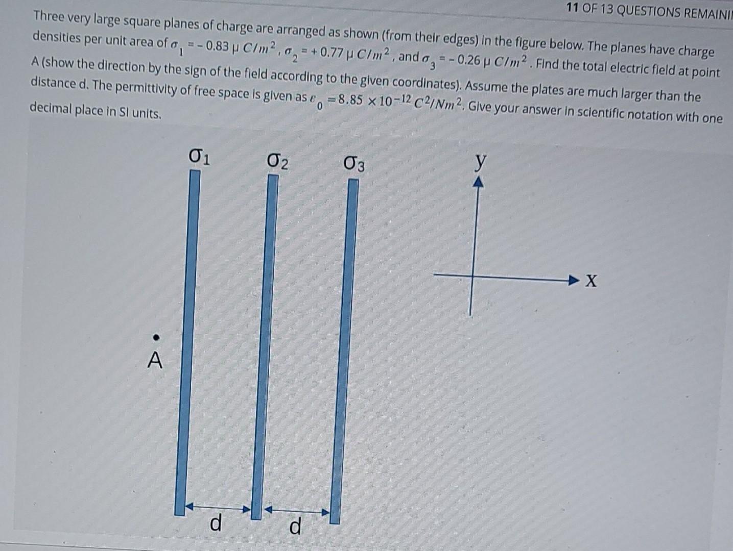 Solved Three very large square planes of charge are arranged | Chegg.com