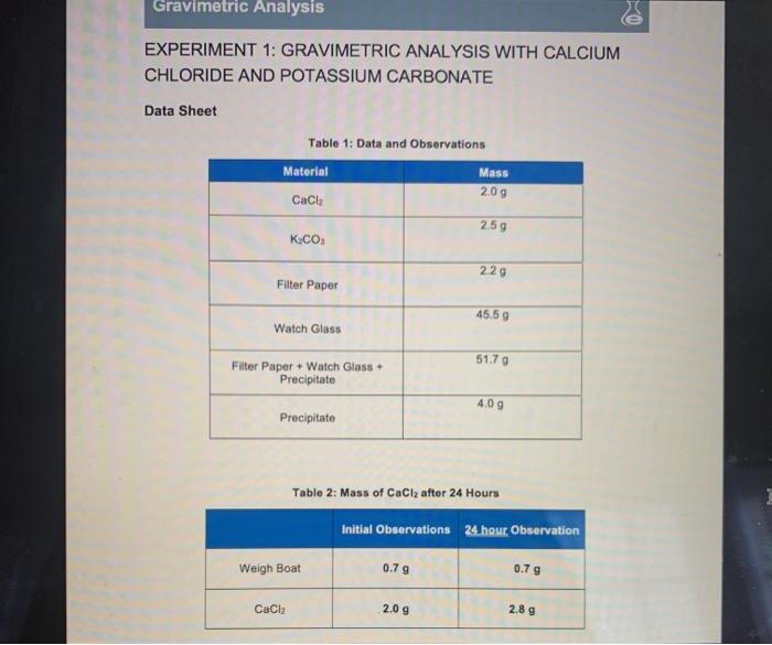 Solved Gravimetric Analysis EXPERIMENT 1: GRAVIMETRIC | Chegg.com
