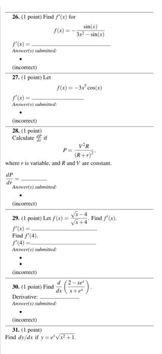 Solved 26. (1 point) Find /'(x) for sin(x) f(x) 3x - sin(x) | Chegg.com