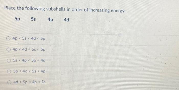 Solved Place the following subshells in order of increasing | Chegg.com