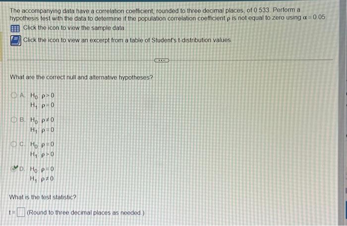 The accompanying data have a correlation coefficient, | Chegg.com