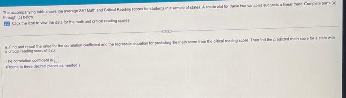 Solved The accompanying table shows the avenge SAT Math and | Chegg.com