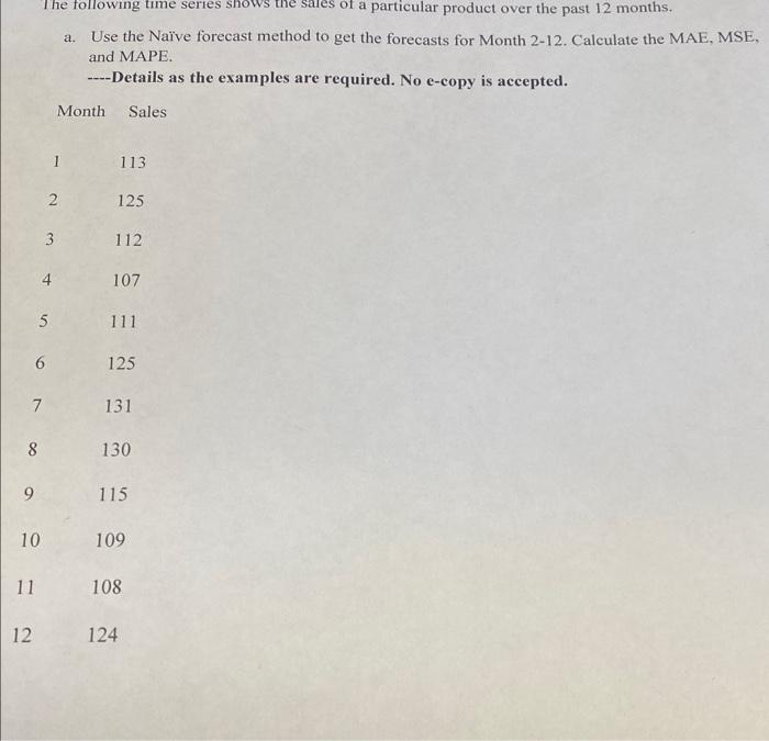Solved a. Use the Naïve forecast method to get the forecasts | Chegg.com