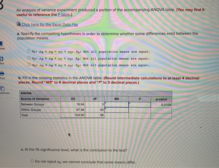 Solved An analysis of variance experiment produced a portion | Chegg.com