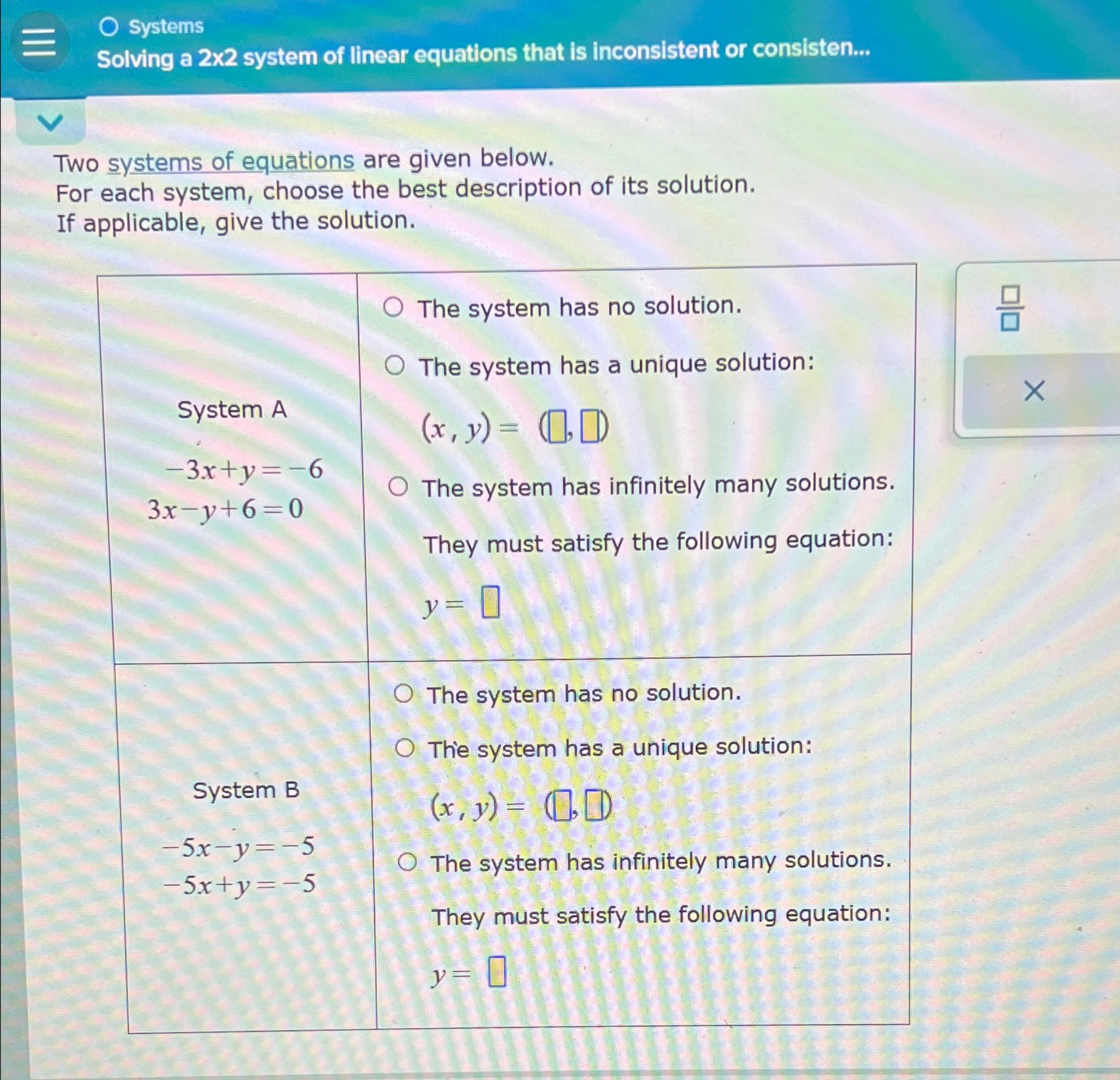 Solved SystemsSolving a 2×2 ﻿system of linear equations that | Chegg.com