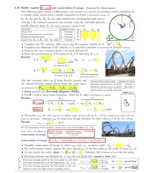 5.10 Roller coaster F=ma and conservation of energy. | Chegg.com