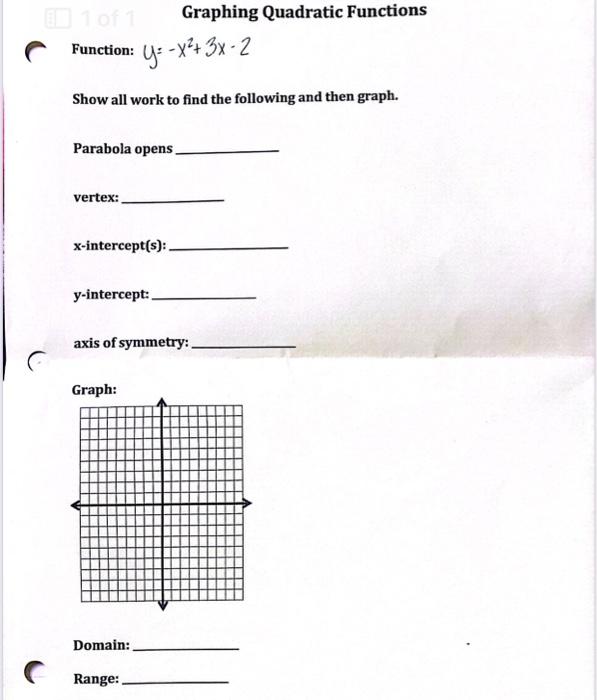 Solved Graphing Quadratic Functions Function: y=−x2+3x−2 | Chegg.com
