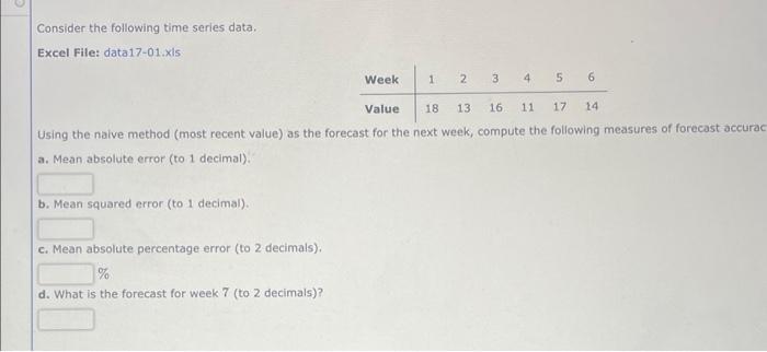 Solved Consider the following time series data. Excel File: | Chegg.com