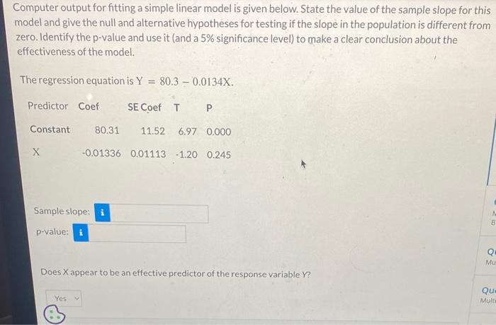 Solved Computer output for fitting a simple linear model is | Chegg.com