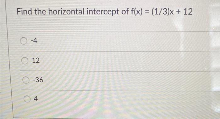 Solved Find the horizontal intercept of f(x) = (1/3)X + 12 | Chegg.com