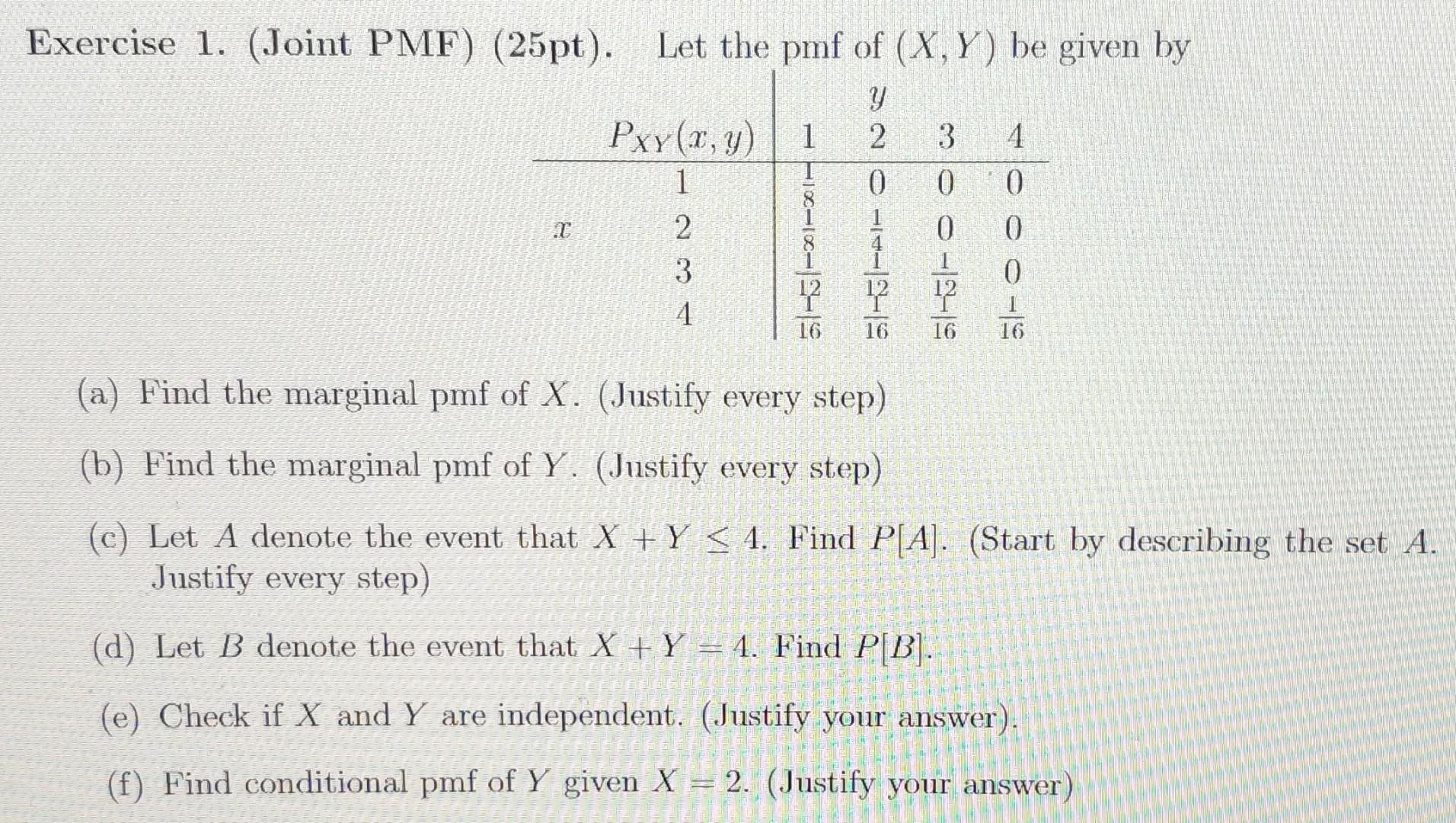 Solved Exercise 1. (Joint PMF) (25pt). Let the pmf of (X,Y) | Chegg.com Solved Exercise 1. (Joint PMF) (25pt). Let the pmf of (X,Y) | Chegg.com