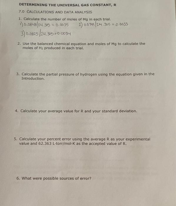 Solved DETERMINING THE UNIVERSAL GAS CONSTANT, R 7.0 | Chegg.com
