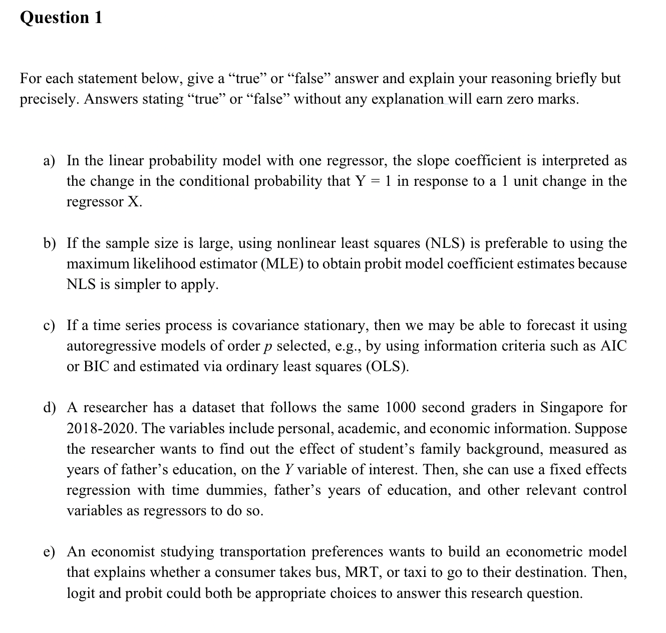 Solved Question 1For each statement below, give a "true" or | Chegg.com