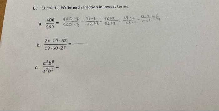 Solved 6. (3 points) Write each fraction in lowest terms. a. | Chegg.com