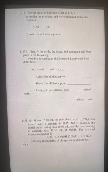 Solved 1938. For the reaction between KOH and H SO a) | Chegg.com